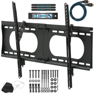 cheetah aptmmb tv wall mount for 20-80" tvs (some up to 90”) up to vesa 730 and 165lbs, and fits 16” and 24” wall studs, and includes a tilt tv bracket, a 10' twisted veins hdmi cable and a 6" 3-axis