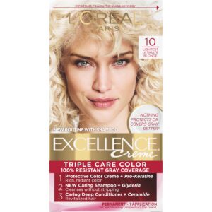 l'oreal paris excellence creme permanent triple care hair color, 10 lightest ultimate blonde, gray coverage for up to 8 weeks, all hair types, pack of 1