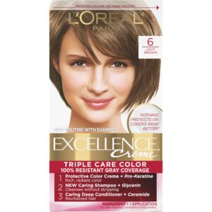 l'oreal paris excellence creme permanent triple care hair color, 6 light brown hair dye kit, gray coverage for up to 8 weeks, all hair types, pack of 1