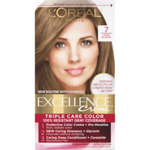 l'oreal paris excellence creme permanent triple care hair color, 7 dark blonde, gray coverage for up to 8 weeks, all hair types, pack of 1