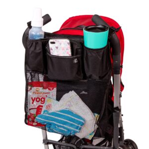 j.l. childress cups 'n cargo universal stroller organizer with cup holders and mesh storage compartment - deep cup holders - multiple zippered pockets - fits uppababy, stroller wagons & more - black