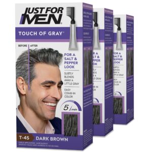 just for men touch of gray, mens hair color kit with comb applicator for easy application, great for a salt and pepper look - dark brown, t-45, pack of 3