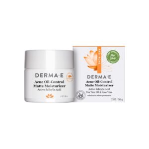 derma e acne oil control face moisturizer, 2 oz, matte moisturizer with salicylic acid, tea tree oil & aloe vera, face cream rebalances sebum production & prevents blemishes, redness & breakouts 2 oz