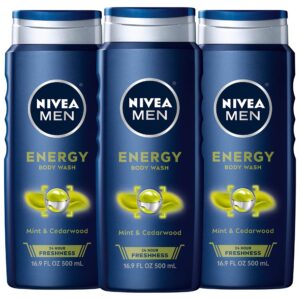 nivea men energy body wash with mint extract, cedarwood and mint body wash for men, 3 pack of 16.9 fl oz bottles