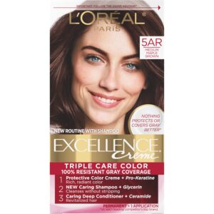 l'oreal paris excellence creme permanent triple care hair color, 5ar medium maple brown, gray coverage for up to 8 weeks, all hair types, pack of 1