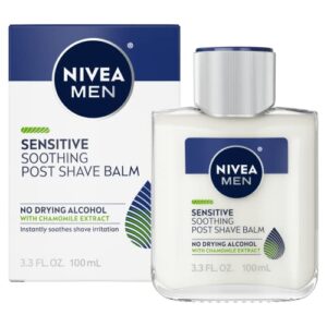 nivea men sensitive soothing post shave balm with vitamin e, pro-vitamin b5 and chamomile extract, alcohol free after shave balm for men, 3.3 fl oz bottle