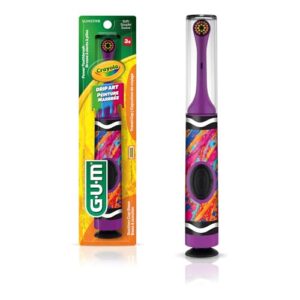 gum crayola power toothbrush for kids, extra soft bristled toddler toothbrushes, travel cap + suction cup base, batteries included, 1ct