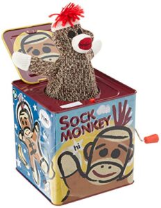 sock money jack in the box - timeless children's musical toy - colorful embossed tin box and classic sock monkey design - age 18 months and up