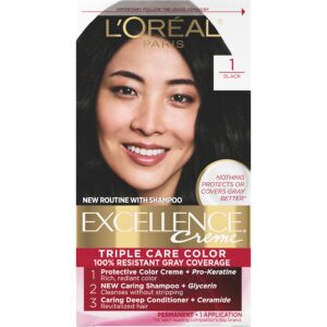 l'oreal paris excellence creme permanent triple care hair color, 1 black, gray coverage for up to 8 weeks, all hair types, pack of 1