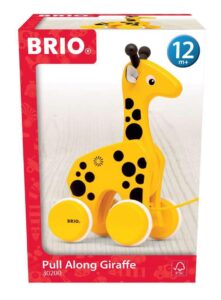 brio 30200 infant & toddler - pull along giraffe wood baby toy with bobbing head for kids ages 1 and up, yellow/brown