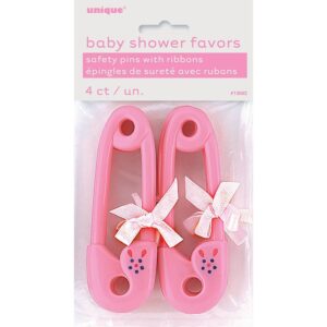 unique pink diaper pin with ribbon girl baby shower favors, 4 count