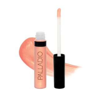 palladio lip gloss, non-sticky lip gloss, contains vitamin e and aloe, offers intense color and moisturization, minimizes lip wrinkles, softens lips with beautiful shiny finish, pink pearl