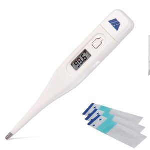 mabis 60 second thermometer kit, dual scale (fahrenheit & celsius) digital thermometer for adults and kids, oral, rectal, and underarm thermometer, includes 5 probe covers, case and battery