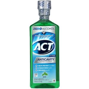 act anticavity zero alcohol fluoride mouthwash 18 fl. oz. (pack of 4) with accurate dosing cup, mint