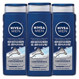 nivea men shower & shave body wash, shower, shave and shampoo with moisture, 16.9 fl. oz, pack of 3