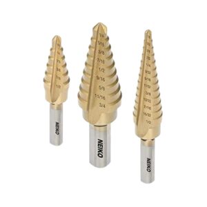 neiko 10193a titanium step bits, unibit set, 28 sizes, high speed steel, standard (sae) step drill bit set, step bits for metal. unibit step drill bits, industrial unibit