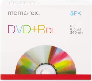 memorex 05835 dual layer dvd+r disc, 5/pack. memorex (05835) double layer recordable dvd+r discs, 8x recording speed, 8.5gb, 5/pack memorex 05835