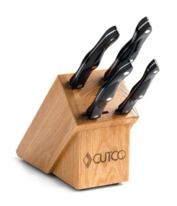 model 1809 studio set with honey solid oak block. 4 high carbon stainless knives with classic dark brown handle (often called "black") ............................ set includes 1720 paring knife, 1721 trimmer, 1729 petite carver, 1768 spatula spreader, an