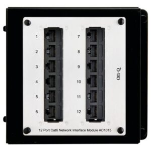 legrand - onq network interface module for wireless modem, home network board with 12 port switch design, cat6 network interface module labeled 1 through 12, black and white, ac1015