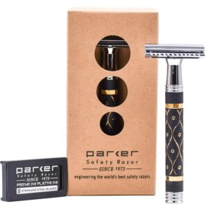 parker, 65r super heavyweight gray and gold double edge safety razor & 5 parker blade refills