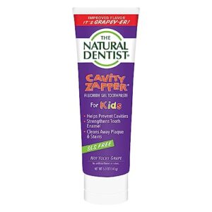 the natural dentist kids cavity zapper fluoride gel toothpaste, fight cavities, strengthen enamel, promote oral health, no sls, no harsh chemicals, all-natural ingredients, grape flavor, 5oz tube