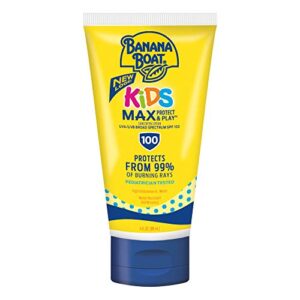 banana boat kids max protect & play lotion sunscreen spf 100, 4oz | childrens sunscreen, kids sunblock spray, high spf sunscreen, water resistant sunscreen for kids, spf 100 sunscreen, 4oz