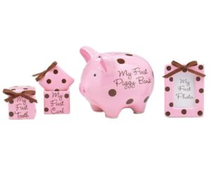 4 piece baby girl gift set with piggy bank,first curl, first tooth,photo frame.great keepsake gift