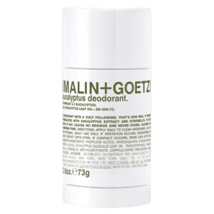 malin + goetz eucalyptus deodorant, natural effective odor & sweat defense, for all skin types, clear color, no residue/stains, free of aluminum, alcohol, baking soda, parabens, cruelty free 2.6 fl oz