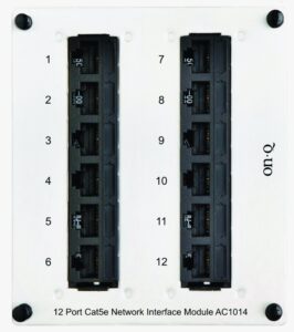 legrand - onq 8 port cat 5e network interface module, rj45 network switch, high-density mini patch panel, keystone ports labeled 1 through 12, grey, ac1014