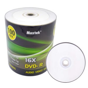 maxtek premium grade white inkjet hub printable dvd-r dvdr 16x blank disc, 4.7gb, 120min. 100 pcs pack.