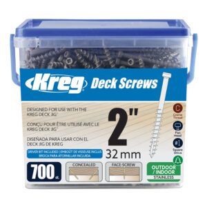 kreg sdk-c2ss-700 stainless steel deck screws, 2-inch, #8 coarse thread, compact head (700 count)