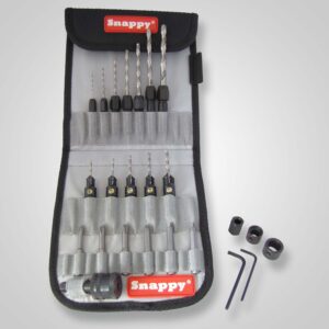 snappy tools 48025 5xgold screw countersinks, 7xdrill bit adapters, 6x2" industrial driver bits, quick change chuck, 2xcountersink stop collars, hex shank socket, 2xhex keys, canvas pouch (25 pieces)