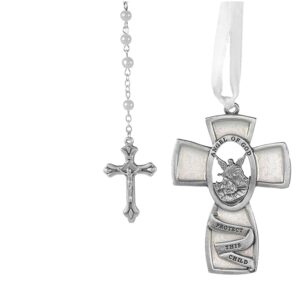 white guardian angel crib medal & rosary set baby infant girls boys childrens christening baptism