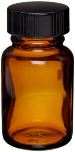 wheaton w216951 wide mouth packer bottle, amber glass, capacity 1oz with 28-400 black phenolic poly-seal lined screw cap, diameter 37mm x 65mm (case of 24)