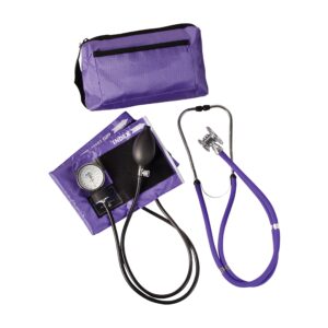 mabis matchmates aneroid sphygmomanometer and 31" sprague rappaport stethoscope combination manual blood pressure kit with calibrated nylon cuff and oversized carrying case, adult purple