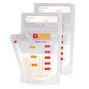 ameda store n pour breast milk storage bags with adapters, 20-count, resealable breast milk storage bags with easy-pour spout for storing breast milk in refrigerator or freezer