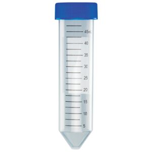 globe scientific 6289 polypropylene centrifuge tube with attached blue flat top screw cap, sterile, printed graduation, rack pack, 50ml capacity (case of 500)