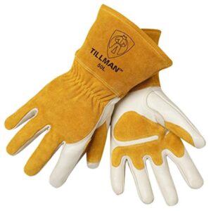 john tillman medium 14"" gold and pearl top grain split back cowhide fleece lined mig welders gloves with 4"" cuff and kevlar thread locking stitch (carded)" (50 m)