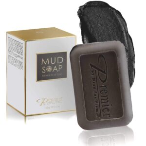 premier dead sea mineral mud bar natural body wash, face wash, hand soap, for all skin types. therapeutic and antibacterial, helps with acne, rosacea, eczema and psoriasis, 3.4 oz