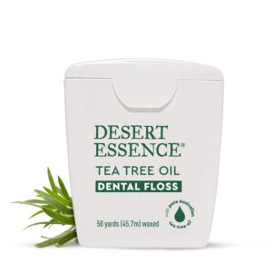 desert essence, tea tree dental floss 50 yd - gluten free - cruelty free - naturally waxed with bees wax - no shred floss - tea tree oil - removes plaque and build up, pack of 6