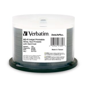 verbatim bd-r 25gb 16x blu-ray recordable media disc datalifeplus white inkjet hub printable - 50pk spindle - 97339