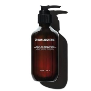 grown alchemist gentle gel facial cleanser with bergamot and rosebud. hydrating exfoliating face wash with willow bark, a salicylic acid alternative. natural facewash for men and women