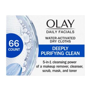 olay daily facials, deeply purifying clean, 5-in-1 cleansing wipes with power of a makeup remover, scrub, toner, mask and cleanser, 66 count