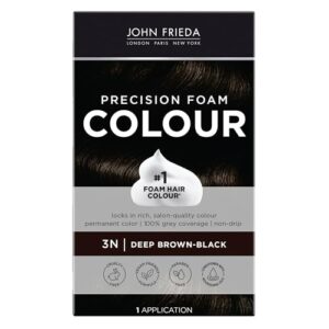 john frieda precision foam colour, deep brown black 3n, full-coverage hair color kit, anti-fade gray coverage, deep color saturation hair dye, 1 application