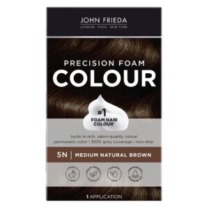 john frieda precision foam colour, medium natural brown 5n, full-coverage hair color kit, anti-fade gray coverage, deep color saturation hair dye, 1 application