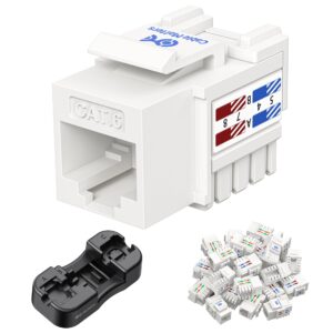 cable matters [ul listed] 25-pack 10gbps cat6 keystone jacks, rj45 keystone jack, ethernet keystone jack in white with keystone punch-down stand for patch panel and wall plate