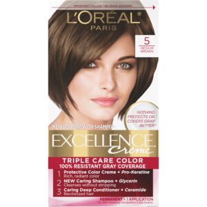 l'oreal paris excellence creme permanent triple care hair color, 5 medium brown, gray coverage for up to 8 weeks, all hair types, pack of 1