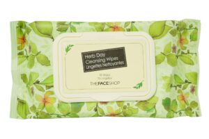 the face shop herb day 365 cleansing wipes - make up remover face wipes with rosemary extract - non-irritating - refreshing, brightening, moisturizing - korean skin care make up wipes