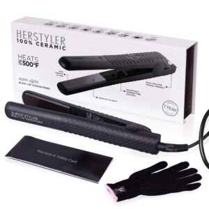 herstyler superstyler onyx ceramic flat iron, ceramic hair straightener with adjustable temperature, travel-friendly dual voltage flat iron