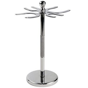 deluxe stainless steel 4 prong safety razor and shave brush shave stand - holds 2 double edge safety razors and 2 shave brushes